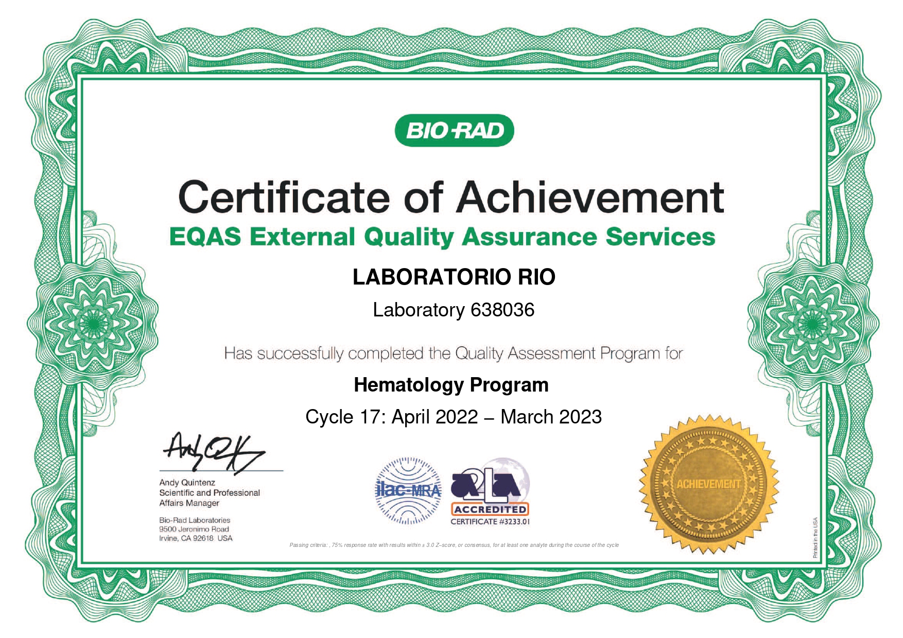 Certificación EMA – Grupo RIO Laboratorio Clínico